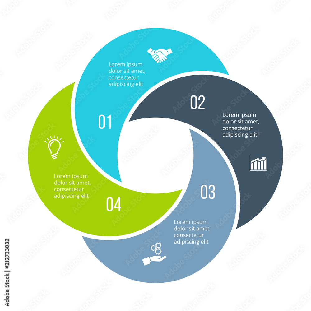 Twisted diagram divided into 4 parts, steps or options. Vector flat ...