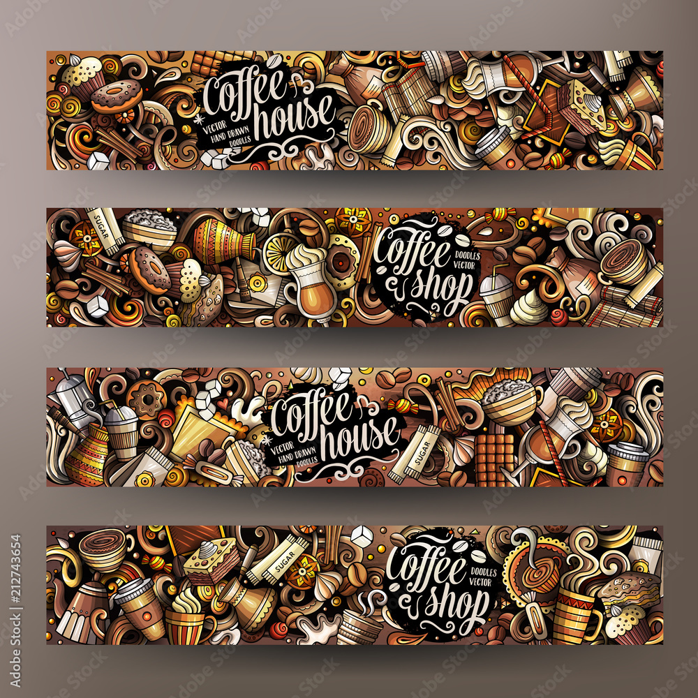 Cartoon cute colorful vector hand drawn doodles Coffee banners Stock ...