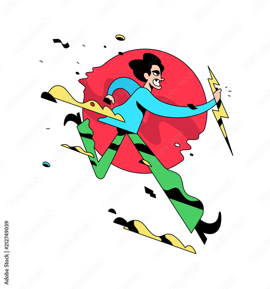 Illustration of a running evil guy. A cute young man is running with ...