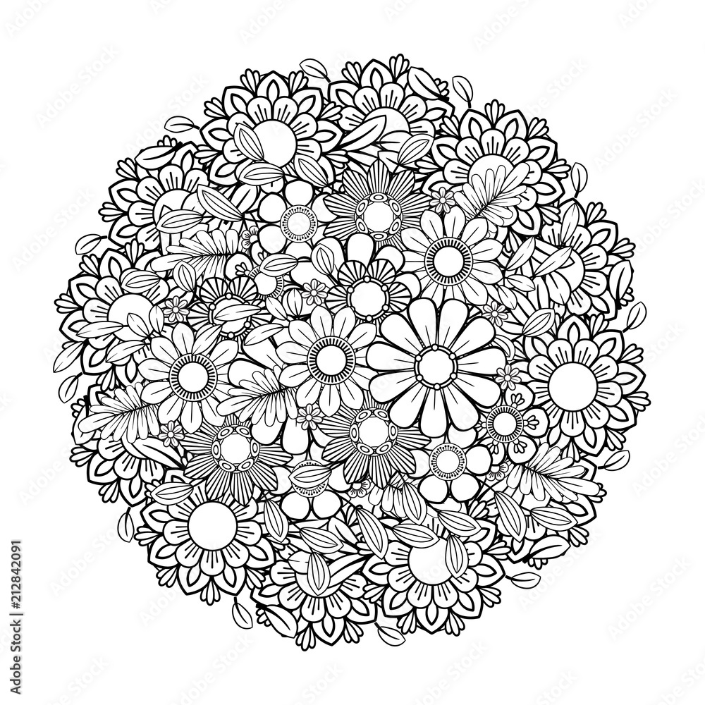Adult coloring page with flowers pattern. Black and white doodle wreath ...