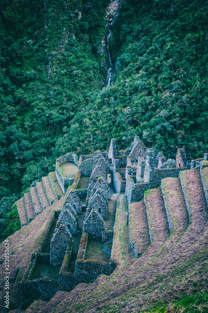 Inca Trail sightseen of an ancient stone ruin town with agriculture ...