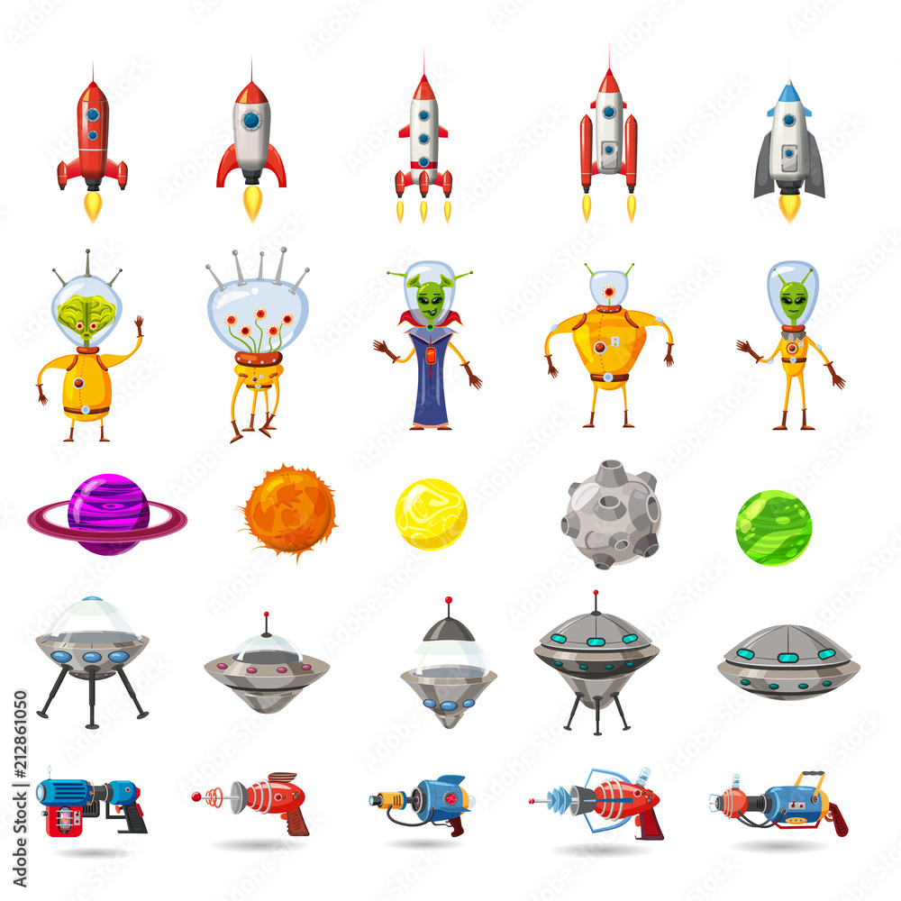 Super set of space, planets, ufo, rockets, aliens, blasters, for games ...