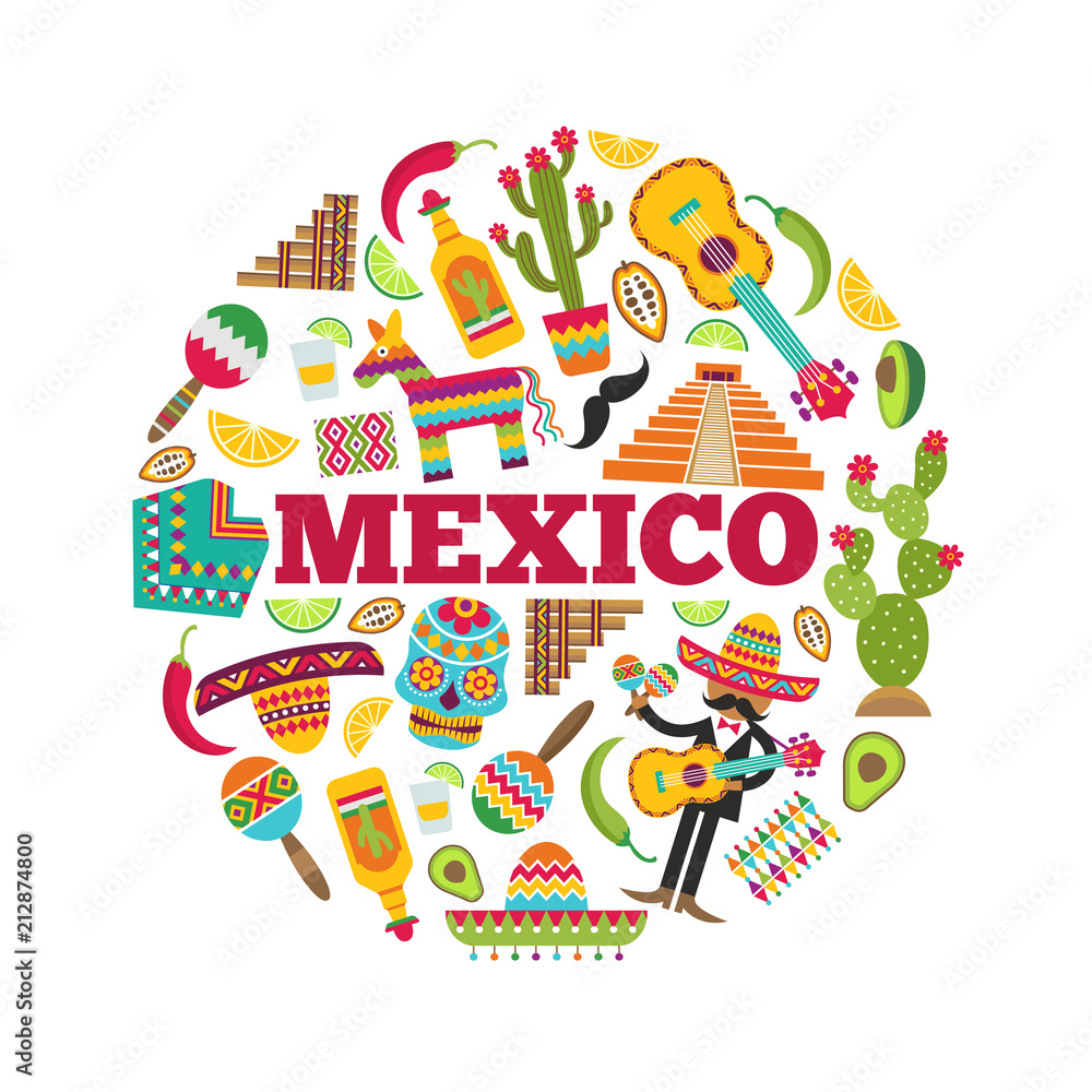 Mexican symbols. Circle shape with various colored pictures of mexican ...