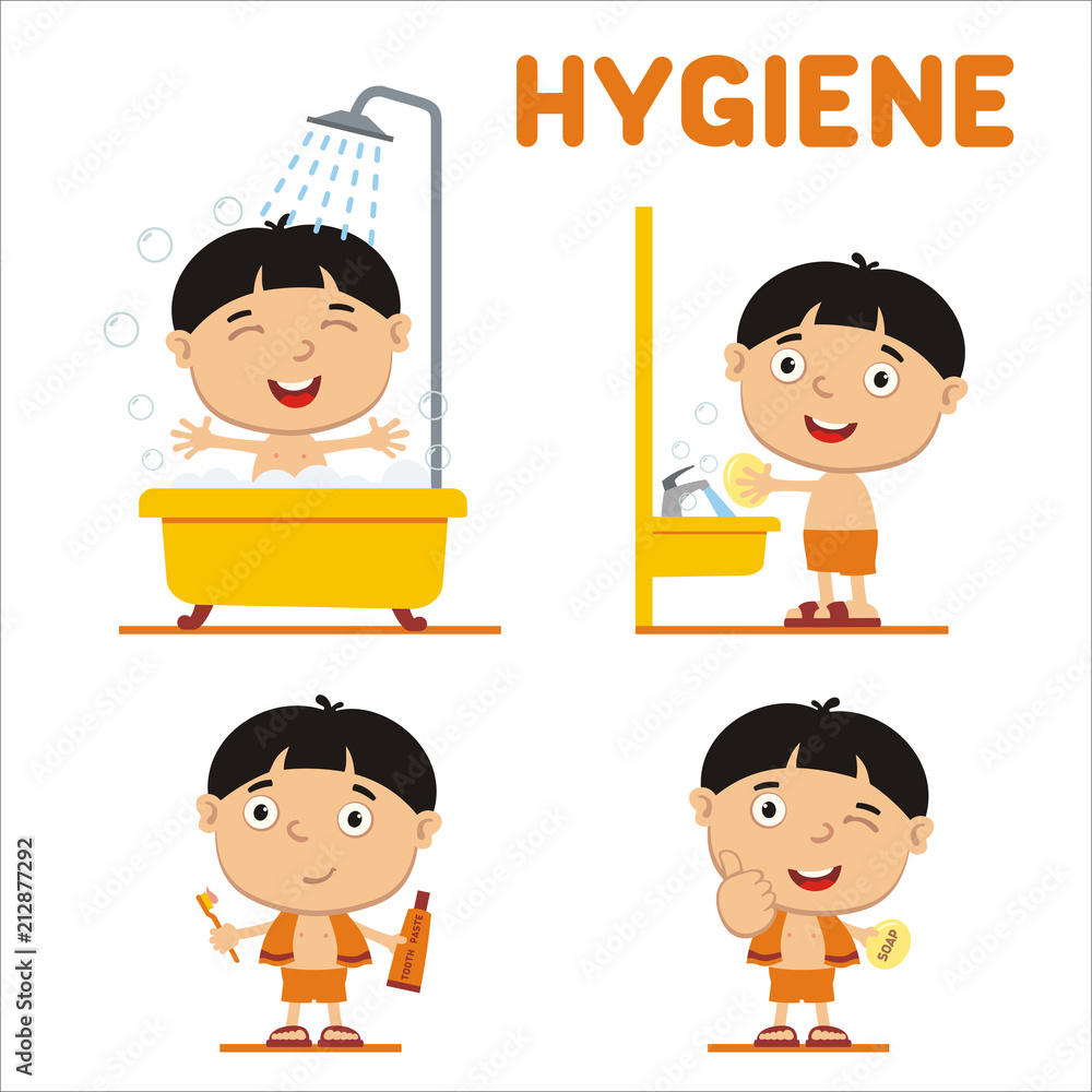 Collection of little boy with black hair for rules of child hygiene ...