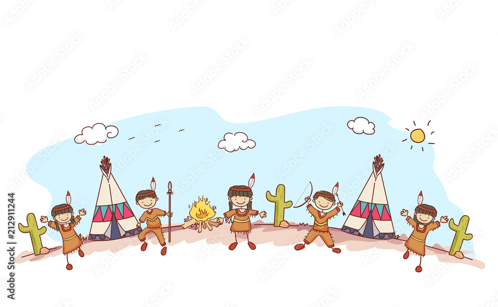 Stickman Kids Native American Indian Tribe Stock Vector | Adobe Stock