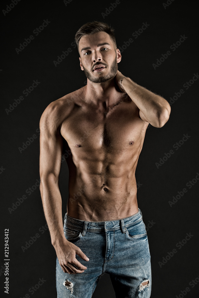 Check out my shape. Man muscular torso tense muscles veins denim pants ...