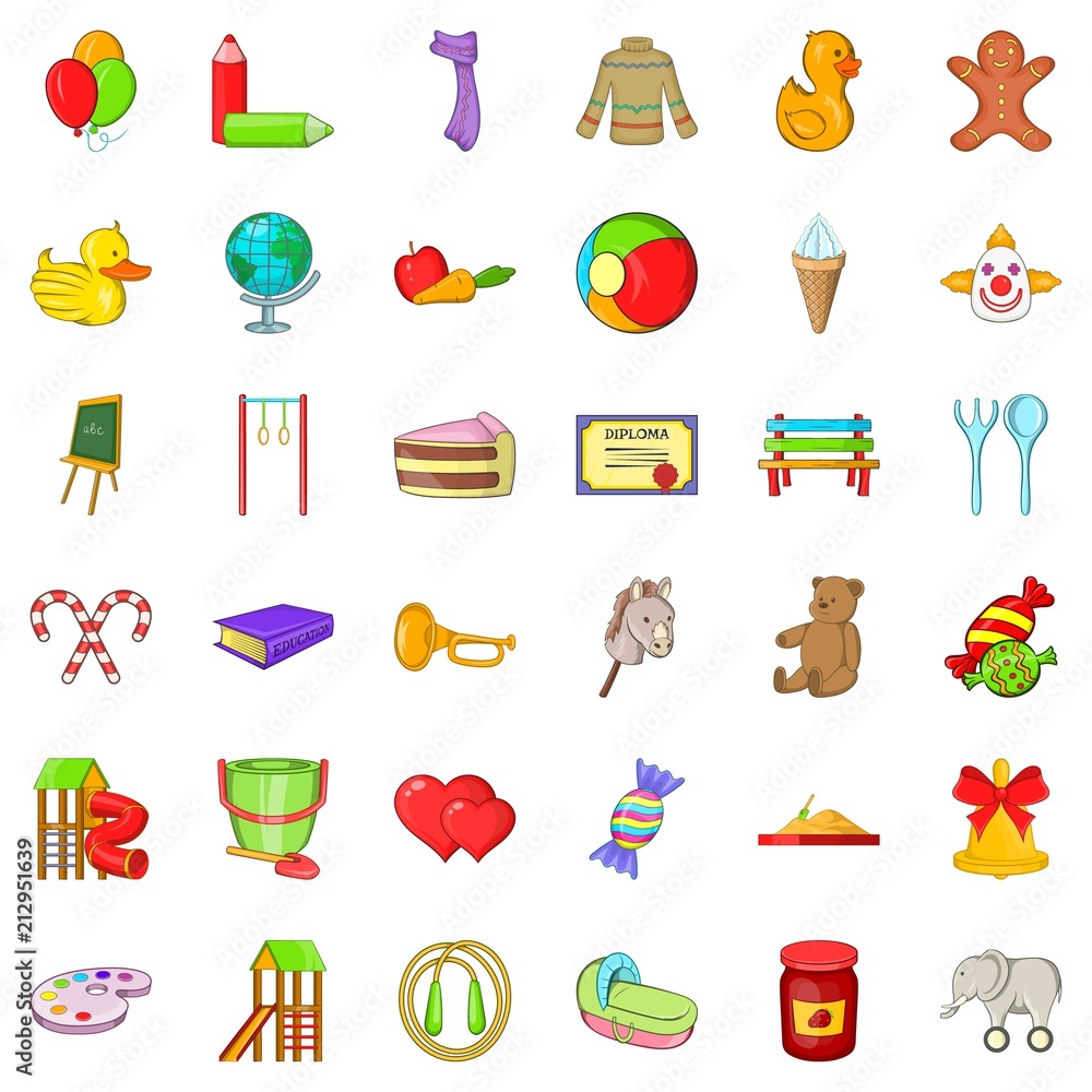 Childhood play icons set. Cartoon style of 36 childhood play vector ...