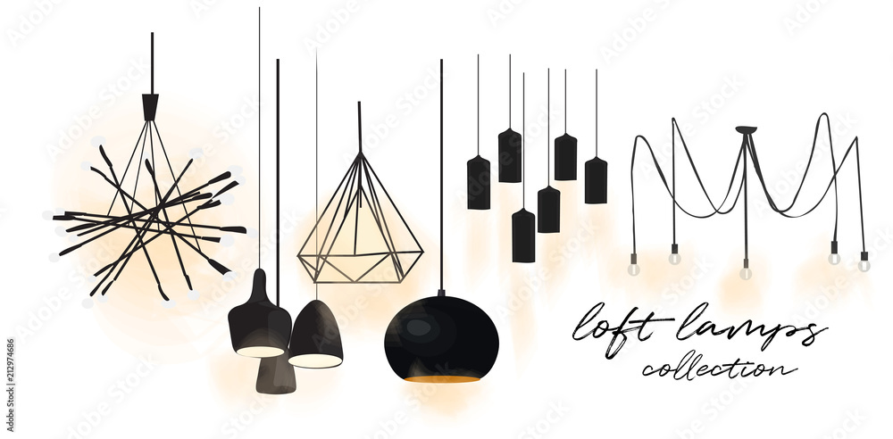 industrial style lamps collection. vector illustration. web site banner ...