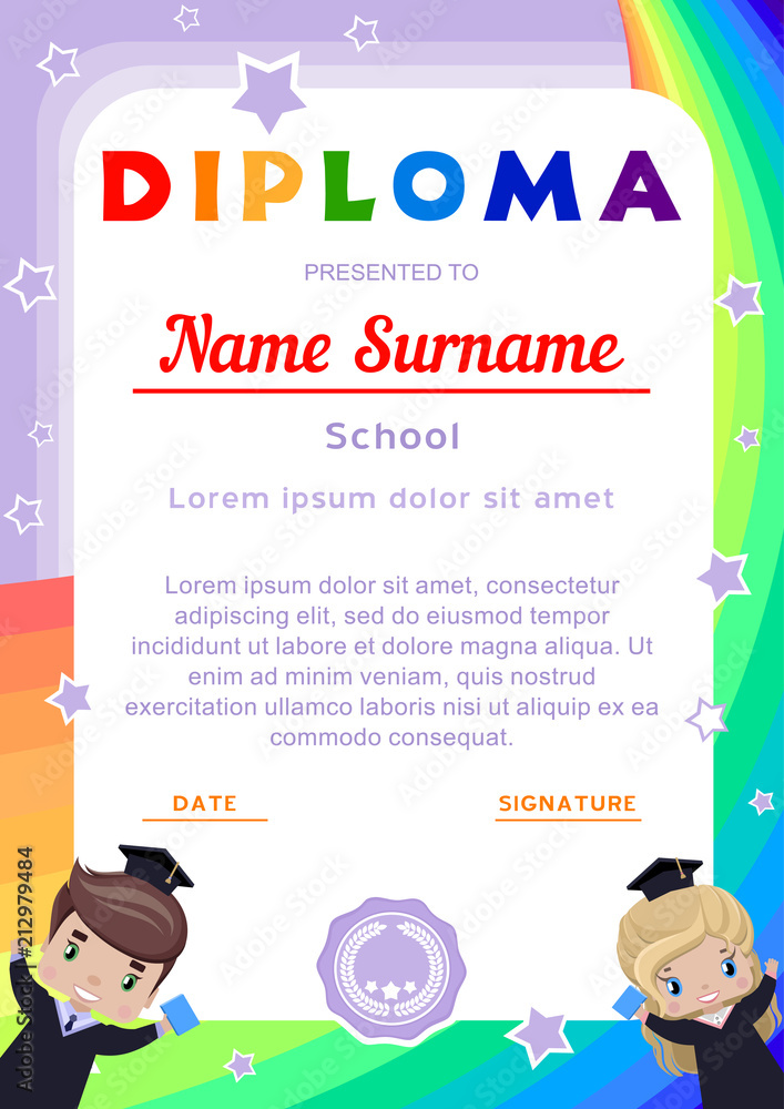 diploma with happy graduates, girl and boy in graduation dresses and ...