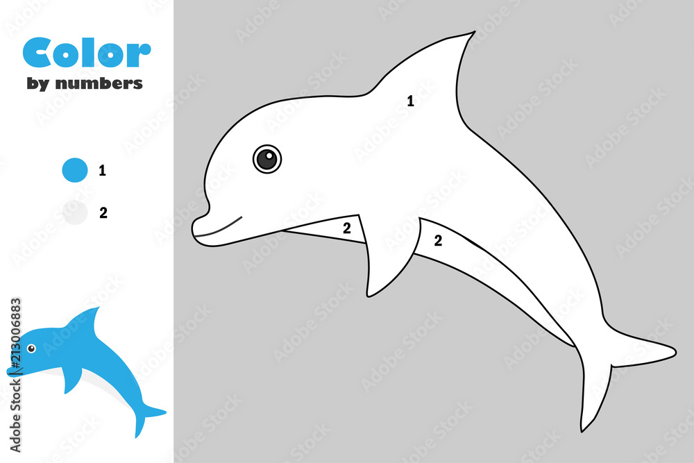 Dolphin in cartoon style, color by number, education paper game for the ...