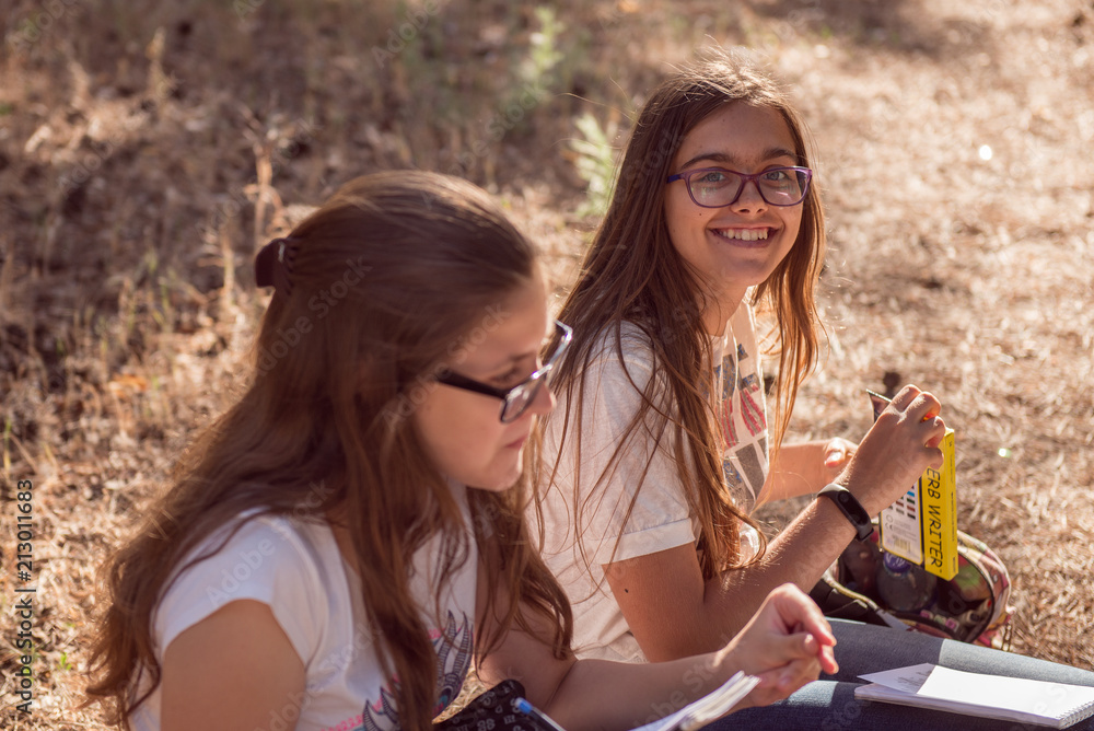 two girls are drawing. Lessons in the open air. Students in ...