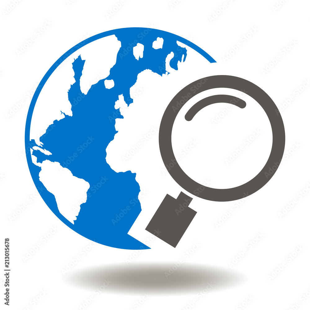 Earth planet with magnifying glass icon vector. Surveillance and study ...