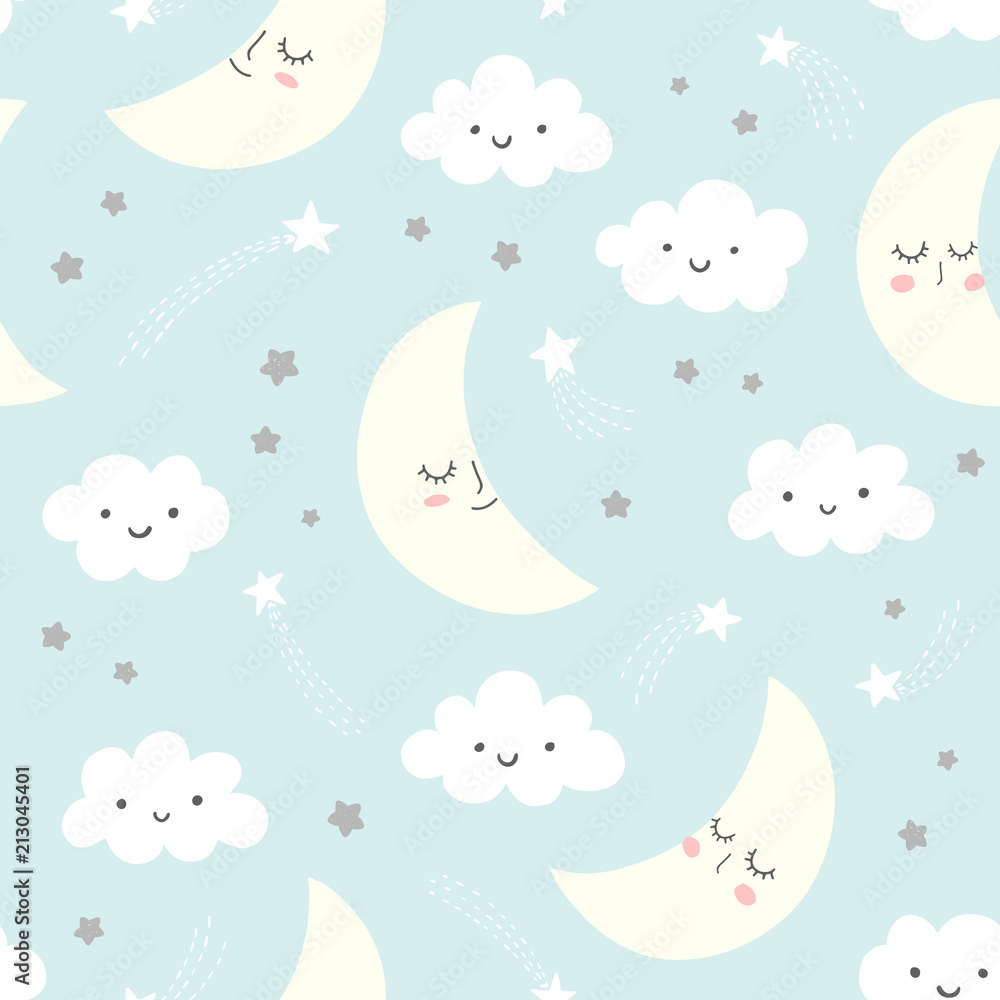 Cute sky pattern. Seamless vector design with smiling, sleeping moon ...