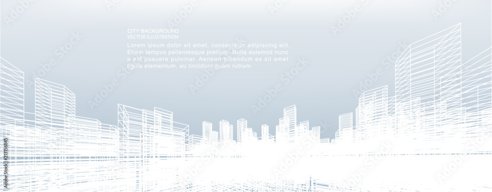 Abstract wireframe city background. Perspective 3D render of building ...