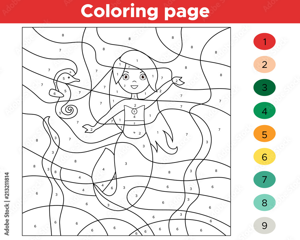 Color by numbers. Cute cartoon mermaid and seahorse. Educational game ...