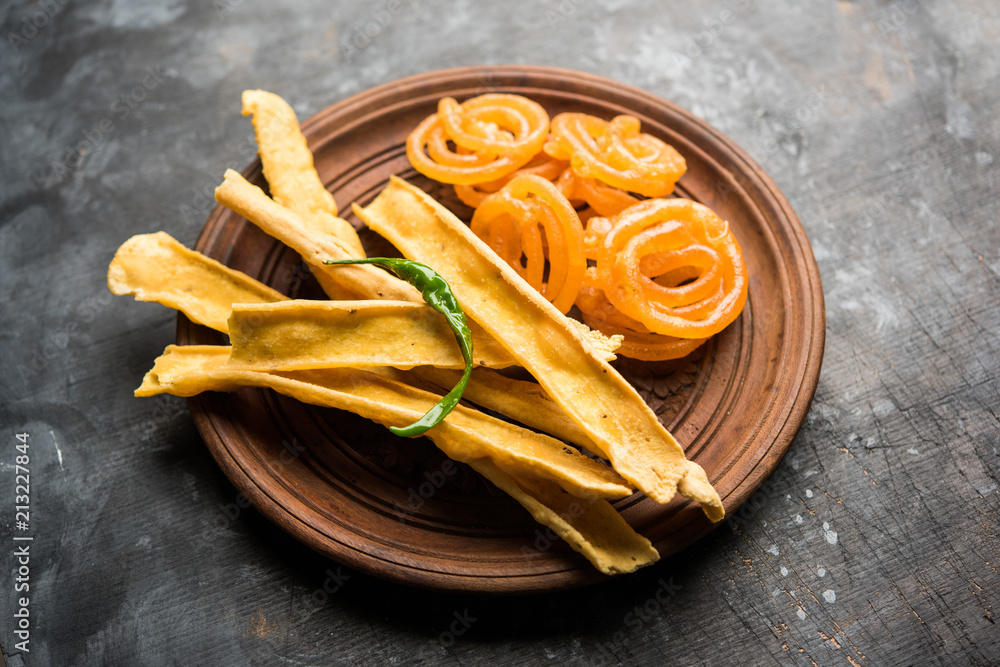 Crispy Fafda with sweet jalebi is an Indian snack most popular in ...