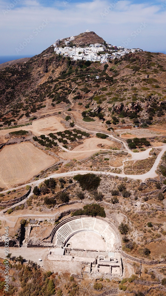 Aerial drone bird's eye view photo of iconic ancient theater near ...