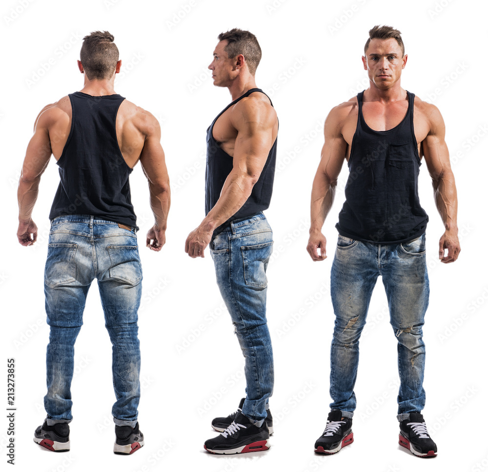Three views of muscular male bodybuilder: back, front and profile shot ...