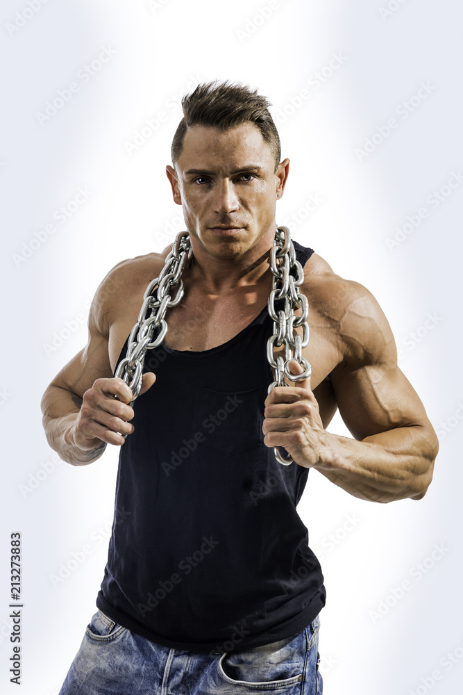Muscular man shirtless with big heavy metal chain around neck, posing ...
