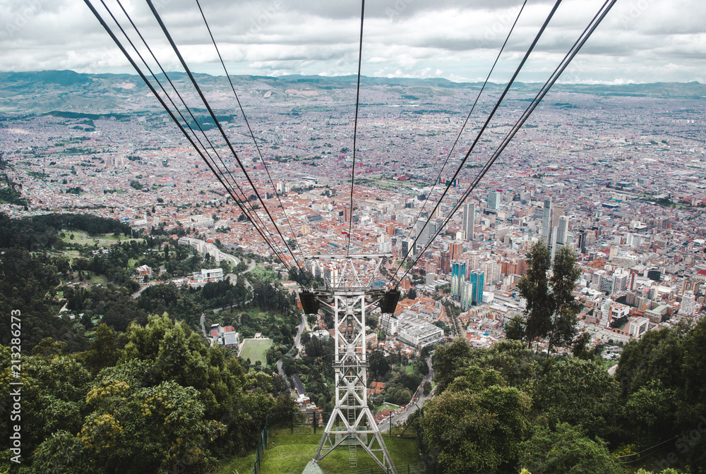 View down the cables of the teleferico cable car system linking Monserrat mountain with the city ...