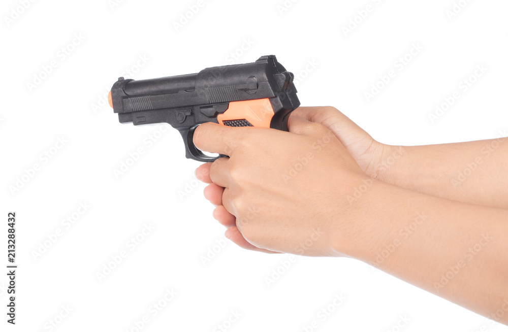 hand playing with a toy gun isolated on white background Stock Photo ...