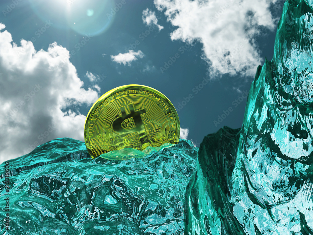 Bitcoin crypto currency Golden coin in pure ice block glowing in the ...
