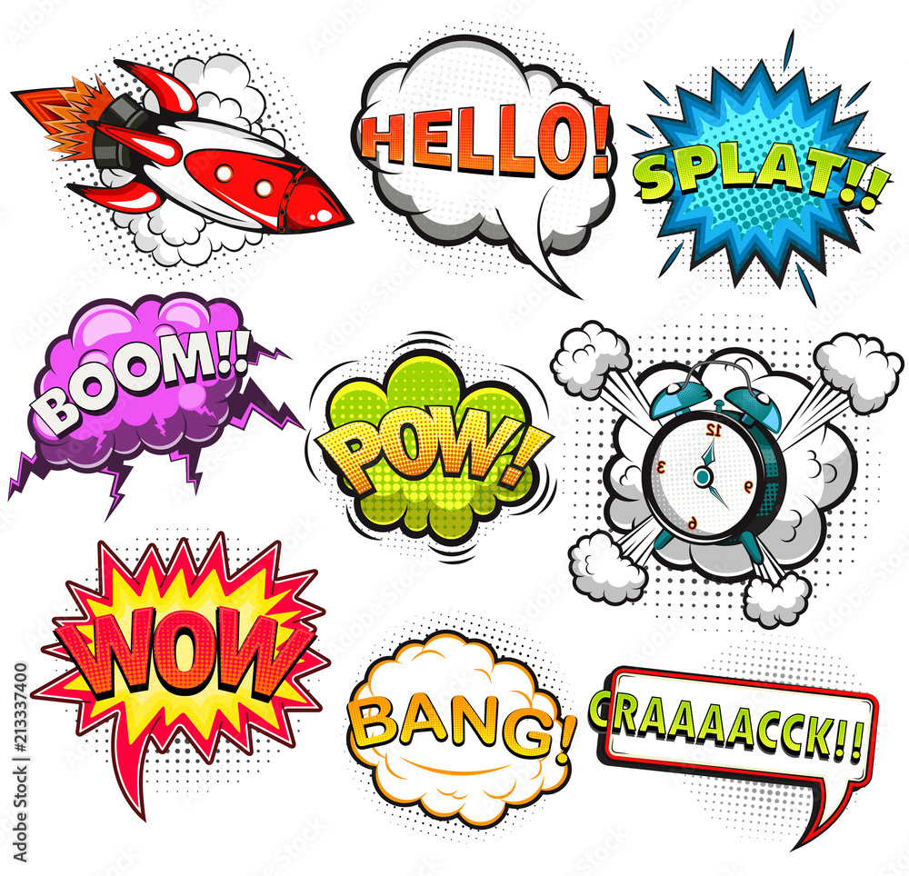Comic speech bubbles. Rocket. Alarm clock. Sound effects. Illustration ...