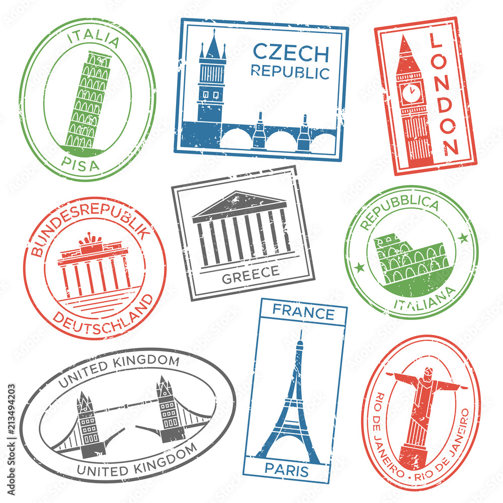 Vintage travel stamps for postcards with europe countries architecture ...