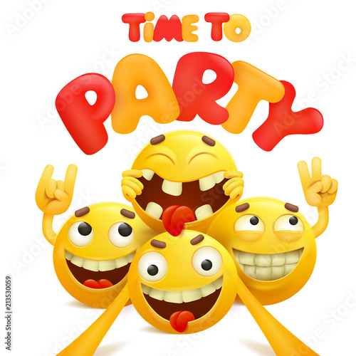 Time to party card with group of yellow emoji cartoon characters. Stock ...