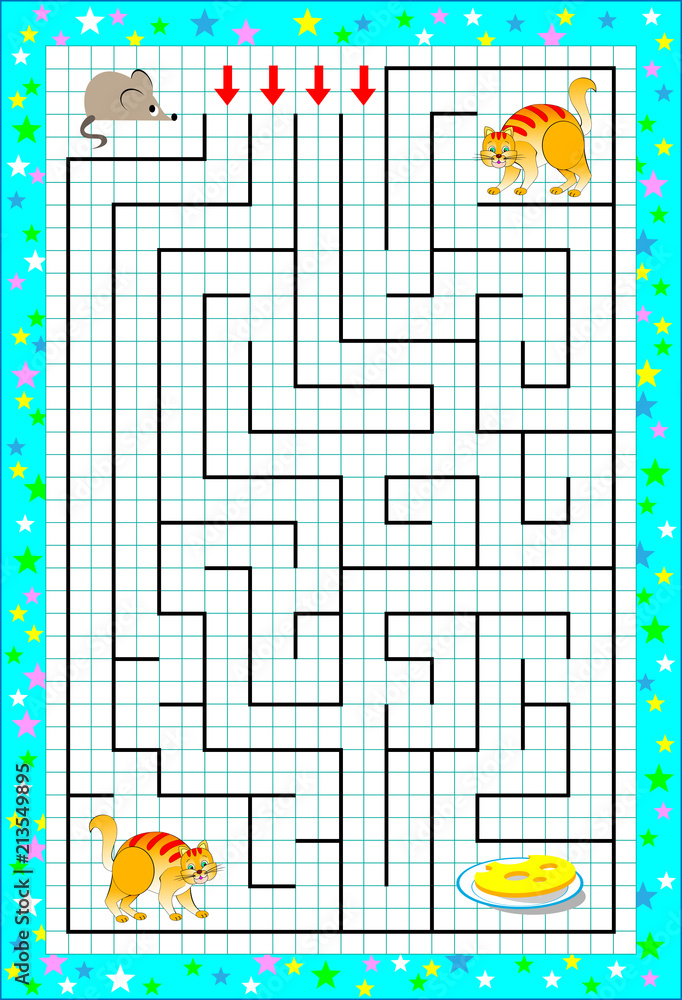 Logic puzzle game with labyrinth for children on a square paper. Help ...