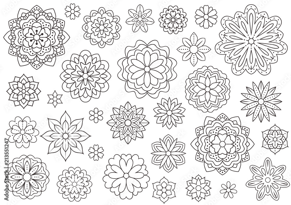 Outline doodle flowers for adult coloring book. Beautiful floral ...