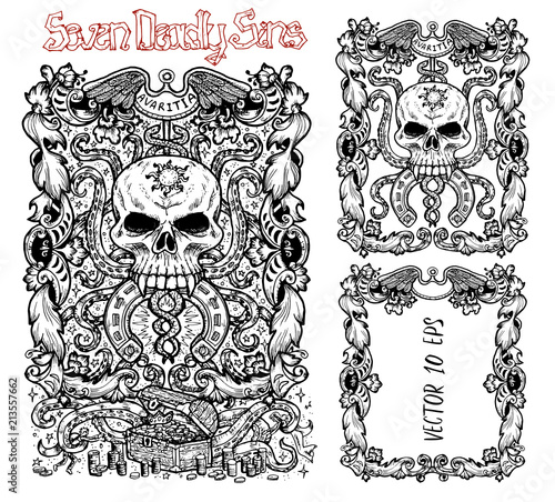 Greed. Latin word Avaritia means Avarice. Seven deadly sins concept ...