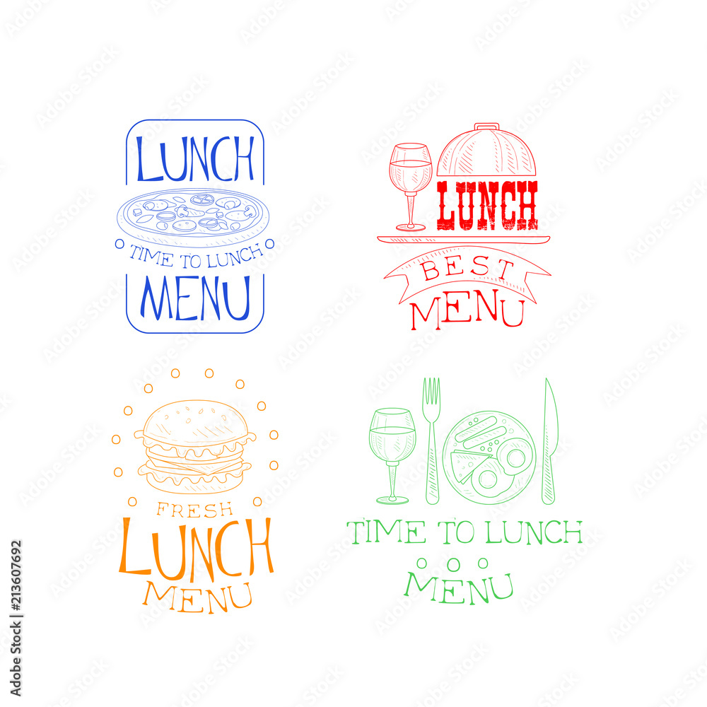 Vectoe set of sketch logos for cafe or restaurant menu. Time to lunch ...