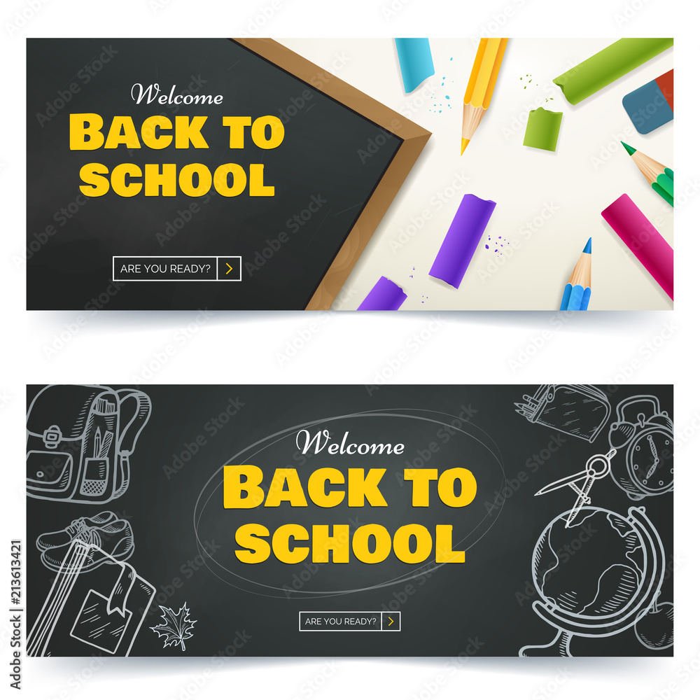 Back to school promo banner design. Vector black chalkboard background ...