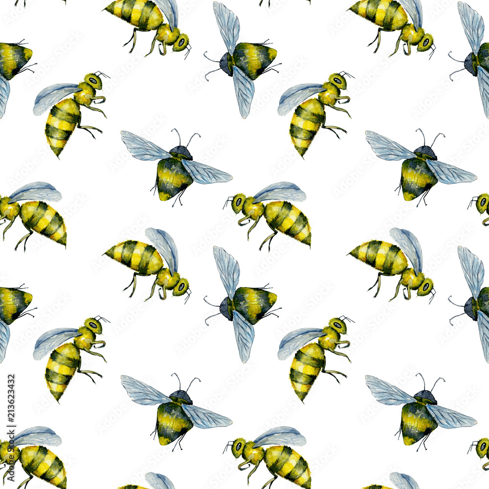 Seamless pattern with watercolor bees, hand drawn isolated on a white ...