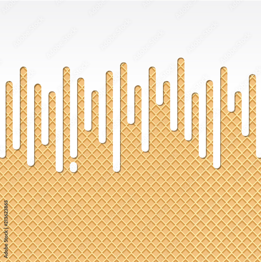 Dripping white ice cream flowing over waffle texture background. Stock ...