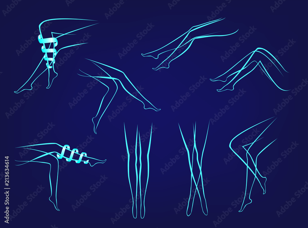 blue contours of slender female legs in various poses on a dark blue ...