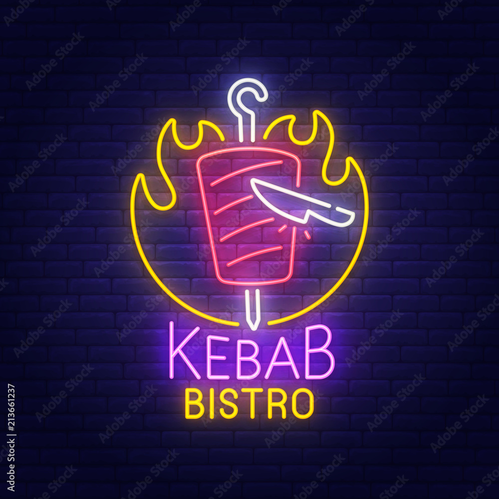 Kebab Bistro neon sign, bright signboard, light banner. Shawarma cafe ...