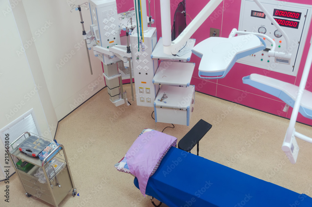 top view of interior view of operating room with modern surgical ...