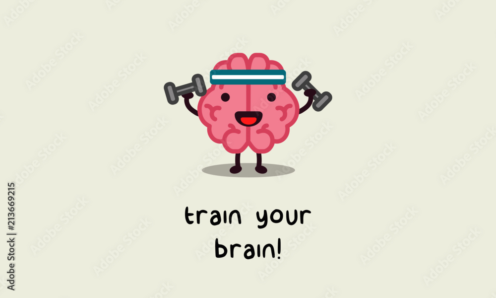 Train your brain Poster Design with Brain Cartoon Vector Illustration ...