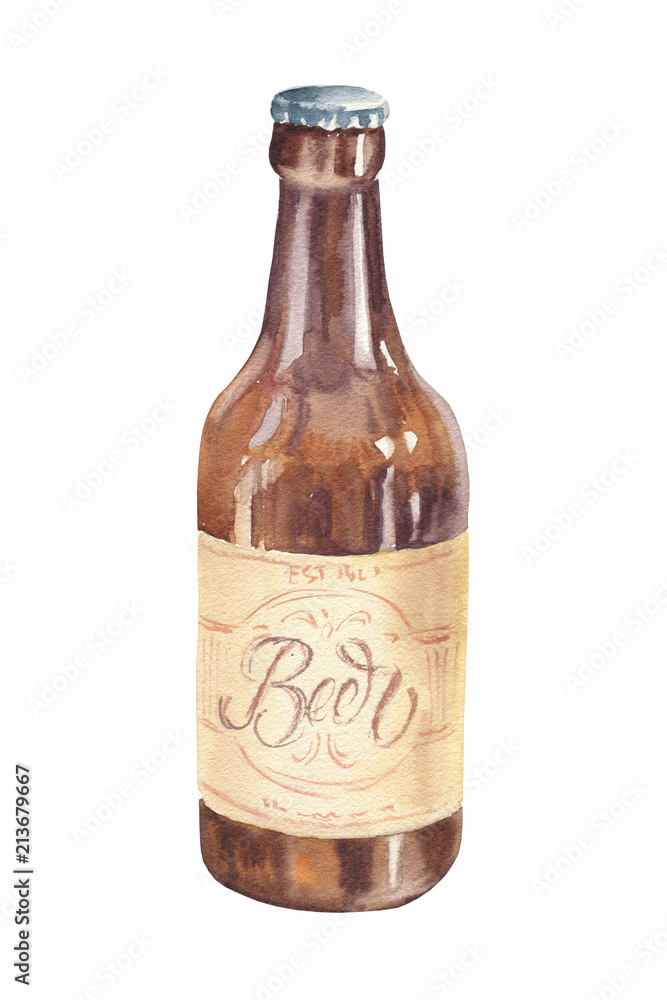Hand drawn watercolor bottle of beer, realistic illustration isolated ...
