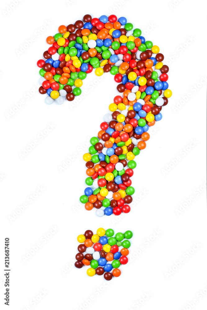 Question mark isolated on white made of colorful candies. Concept of ...