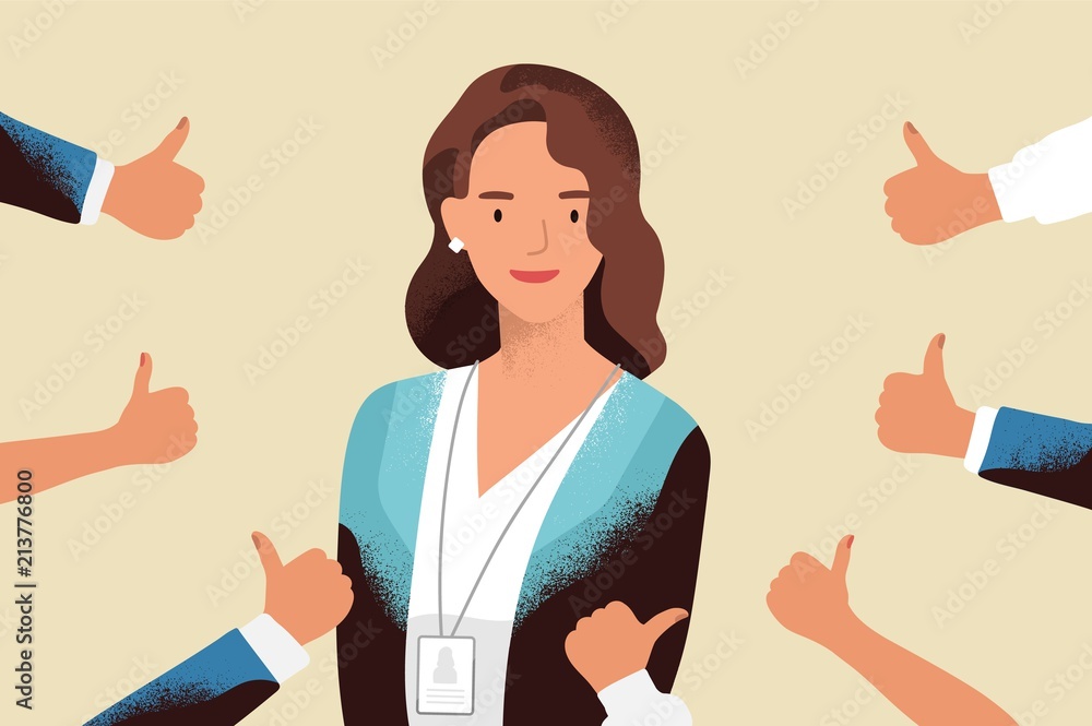 Smiling happy young woman surrounded by hands with thumbs up. Concept ...