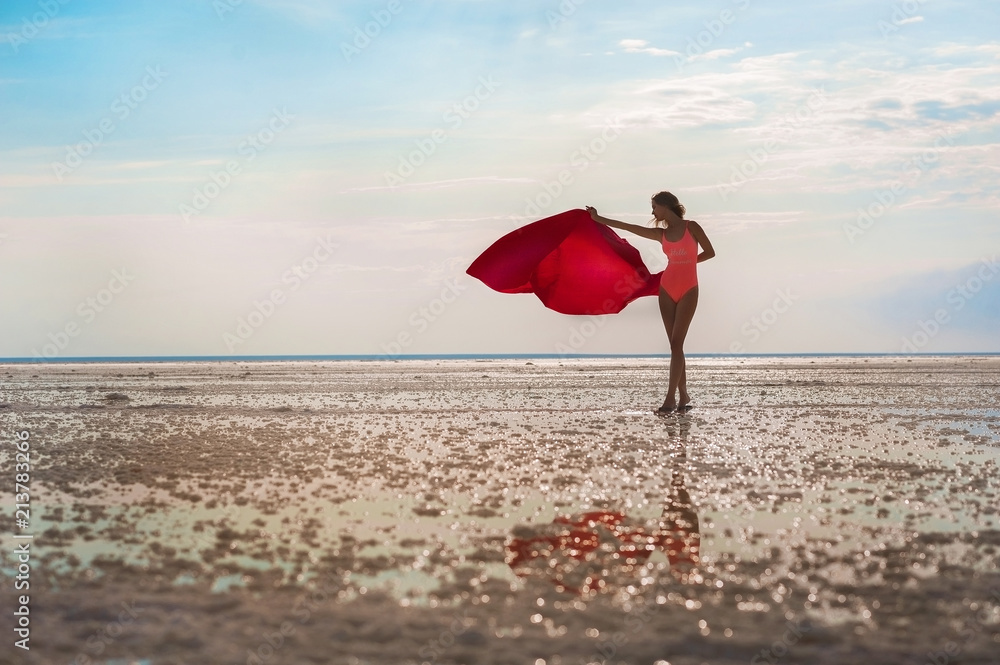 Slender girl on the salt lake of Elton, Volgograd region, Russia. Lake ...