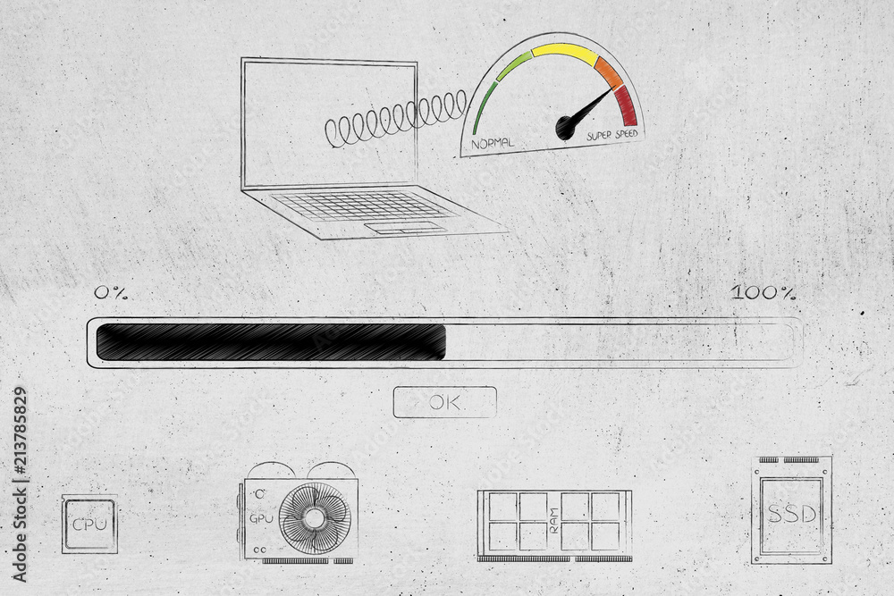 laptop with speedometer going from normal to super speed popping out of ...
