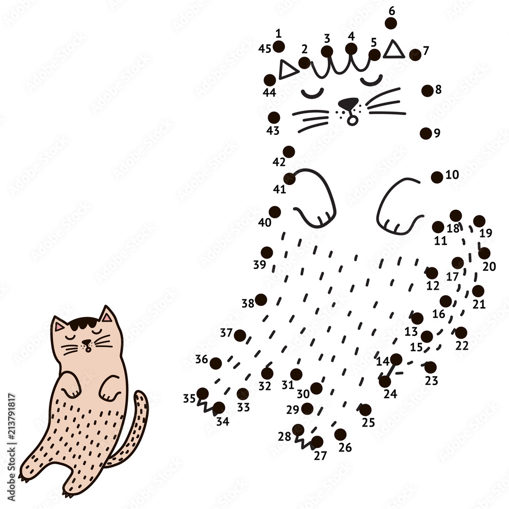Connect the dots and draw a sleeping cat. Numbers game for children ...