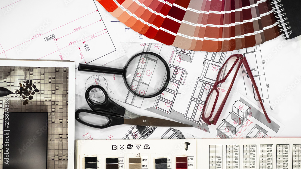 Architectural blueprint interior with wooden samples and multi-colored ...