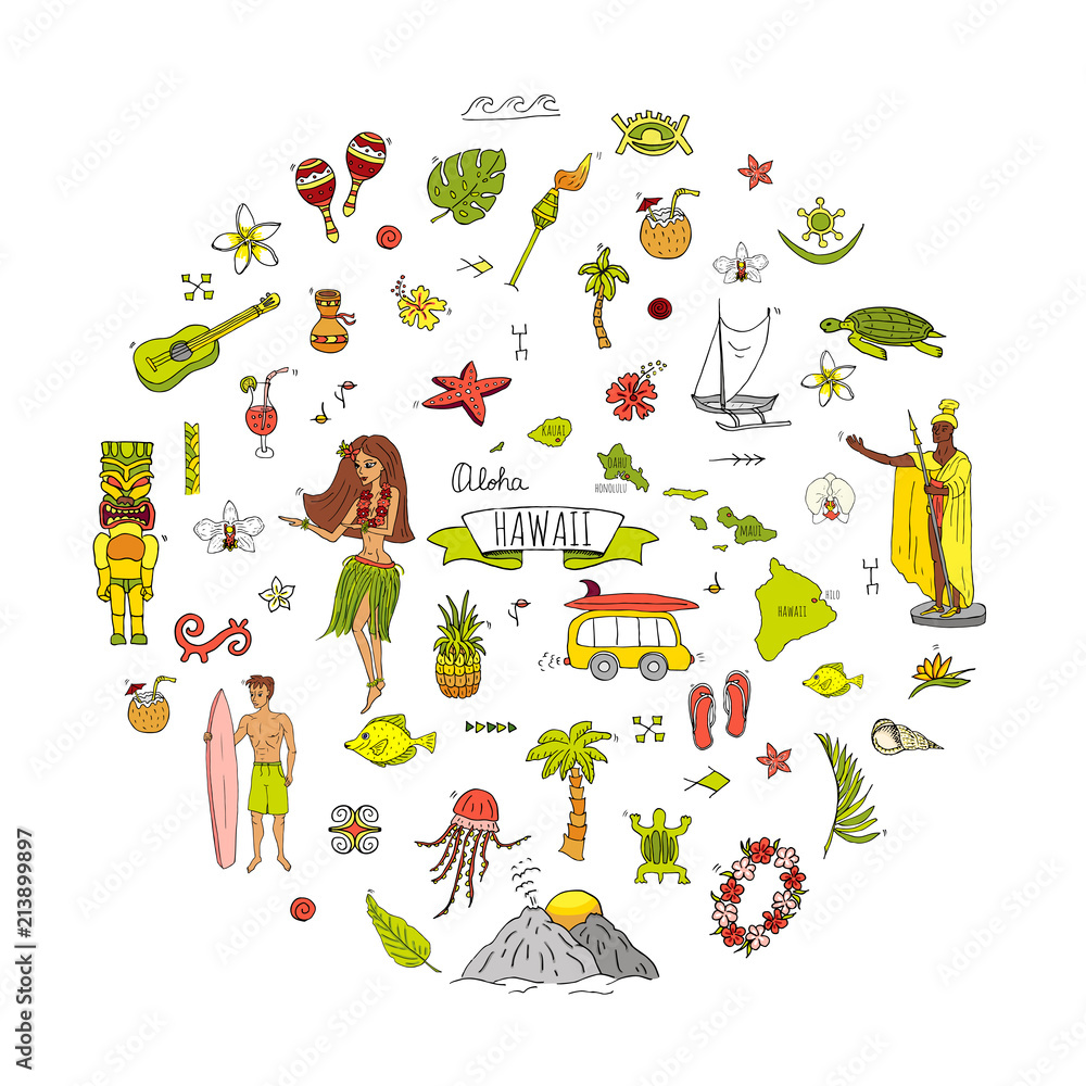 Hand drawn doodle Hawaii icons set Vector illustration isolated symbols ...