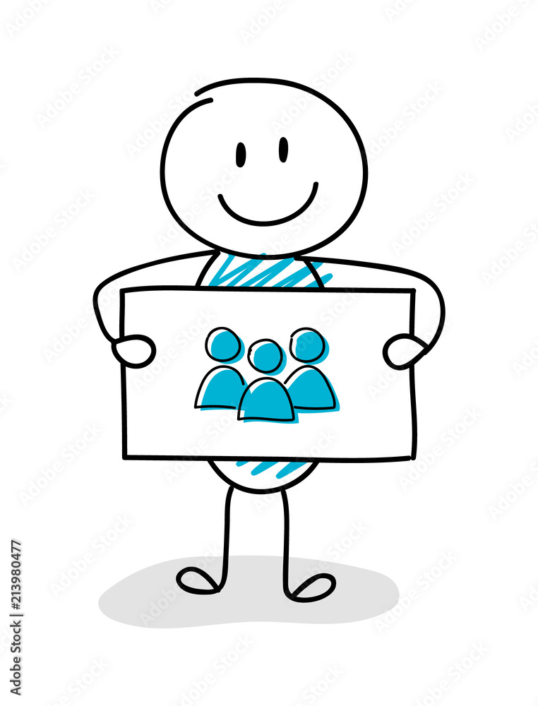 Smiley stickman holding board with team (group of people) icon. Vector ...