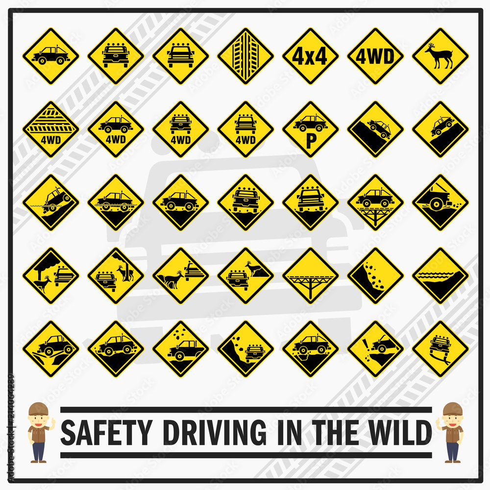Set of safety signs and symbols for safety driving in the wild. Safety ...